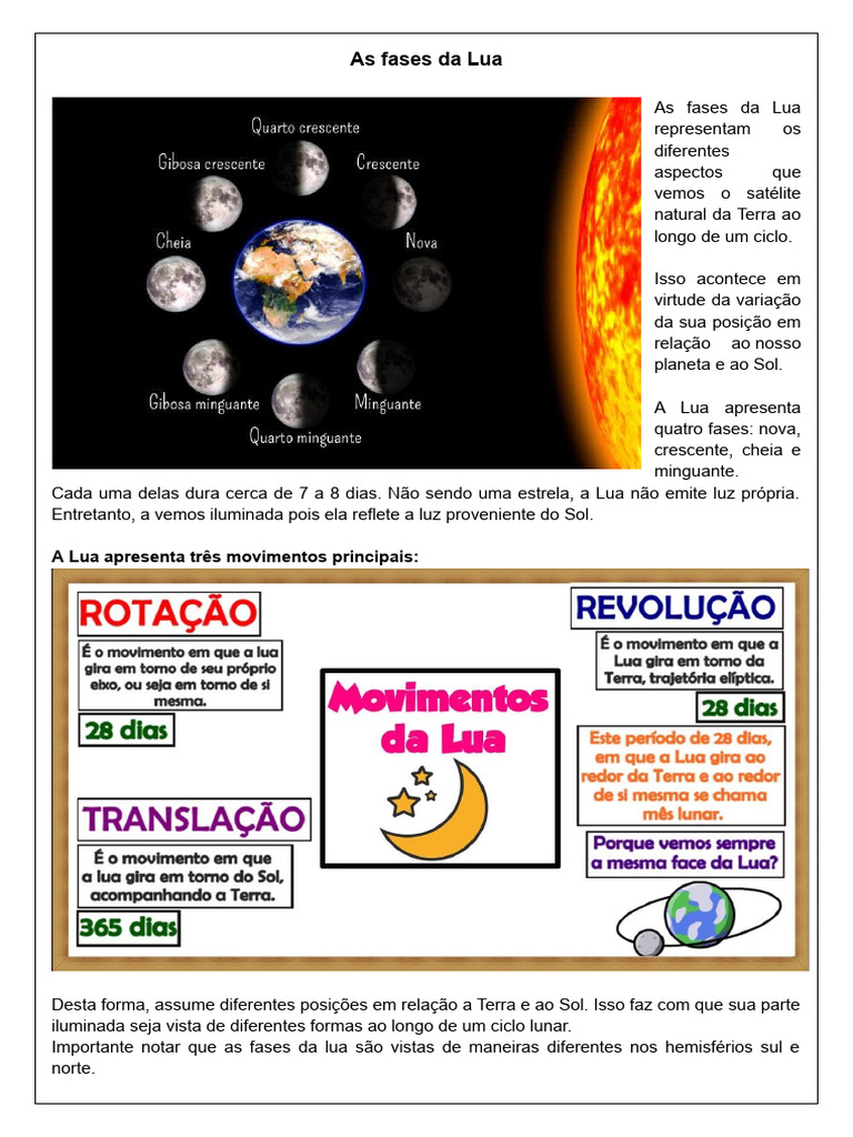 As Fases Da Lua | Download grátis PDF | Lua | Objetos astronômicos