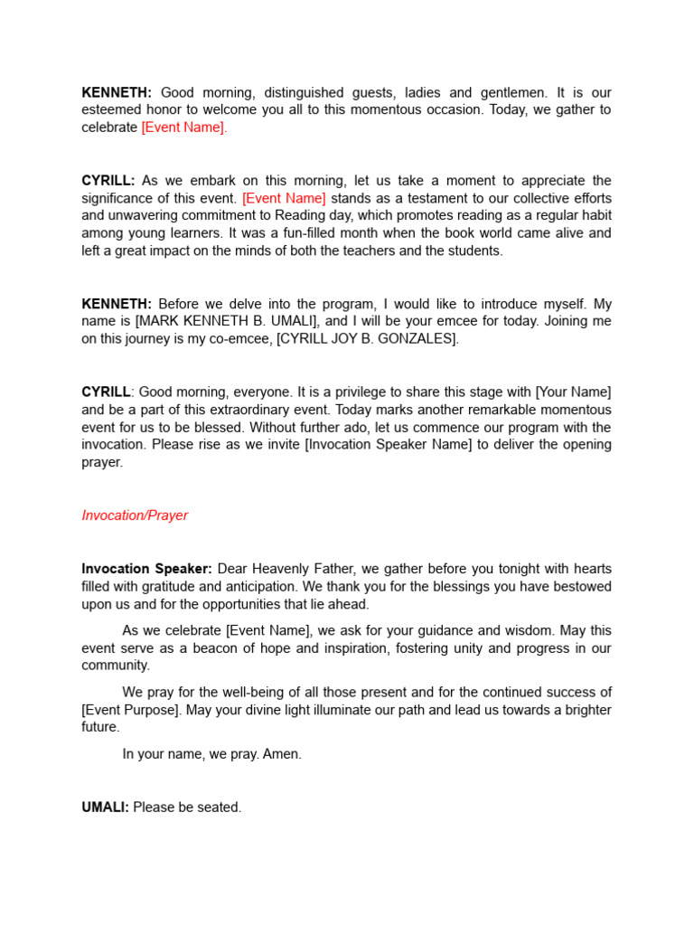 Emcee Program Script | PDF | Prayer