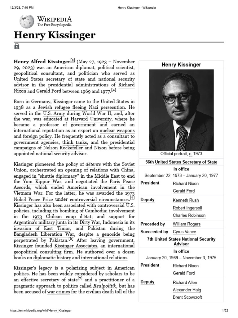 Henry Kissinger - Wikipedia | PDF | Henry Kissinger | Vietnam War