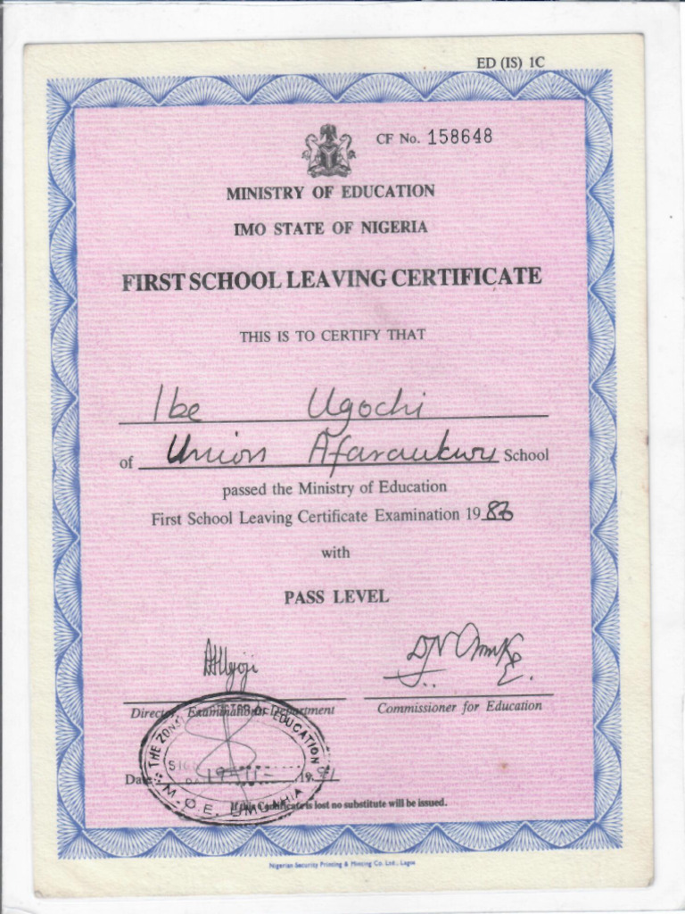 Ugochi First School Leaving Certificate | PDF