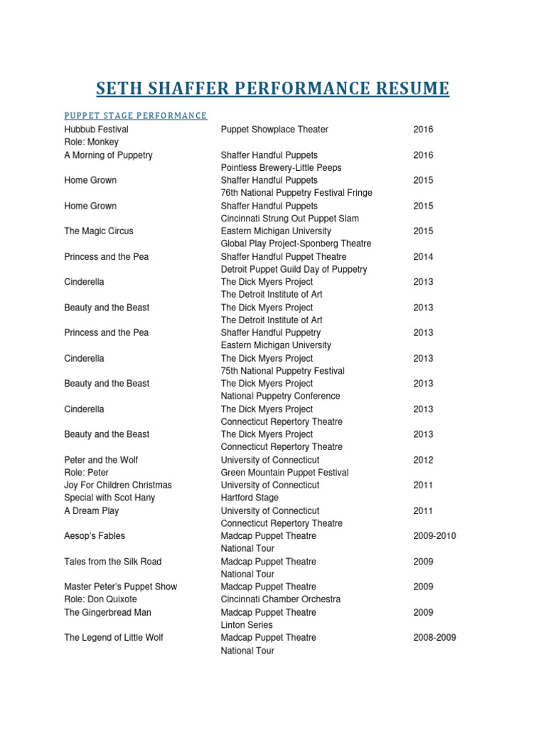 Seth Shaffer Performance Resume | PDF | Puppetry | Theatre