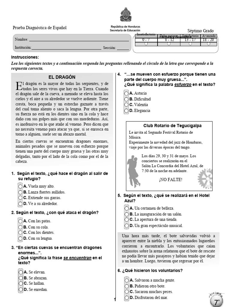 Prueba Diagnóstica de Español 7° Grado | PDF