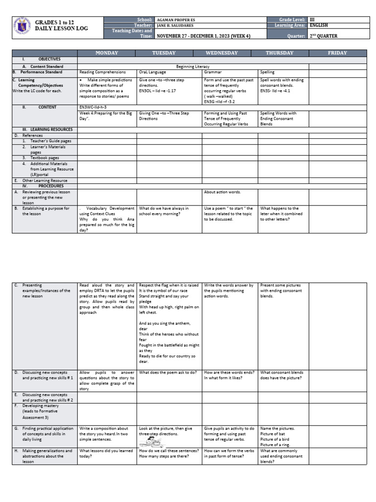 DLL - English 3 - Q2 - W4 | PDF | Grammatical Tense | Human Communication