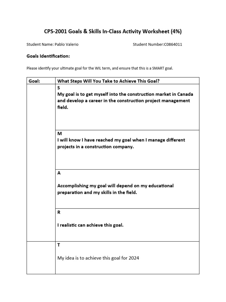 CPS-2001 Goals and Skills Activity | PDF