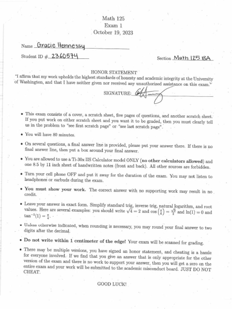 Math 125 Test 1 | PDF