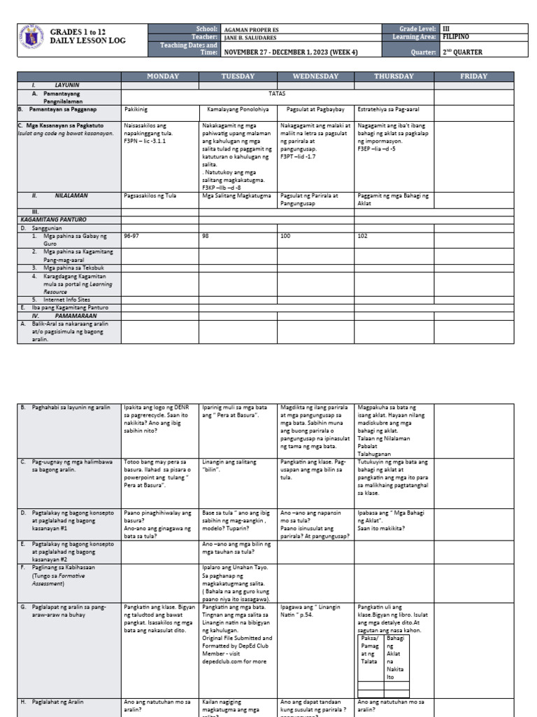 DLL - Filipino 3 - Q2 - W4 | PDF