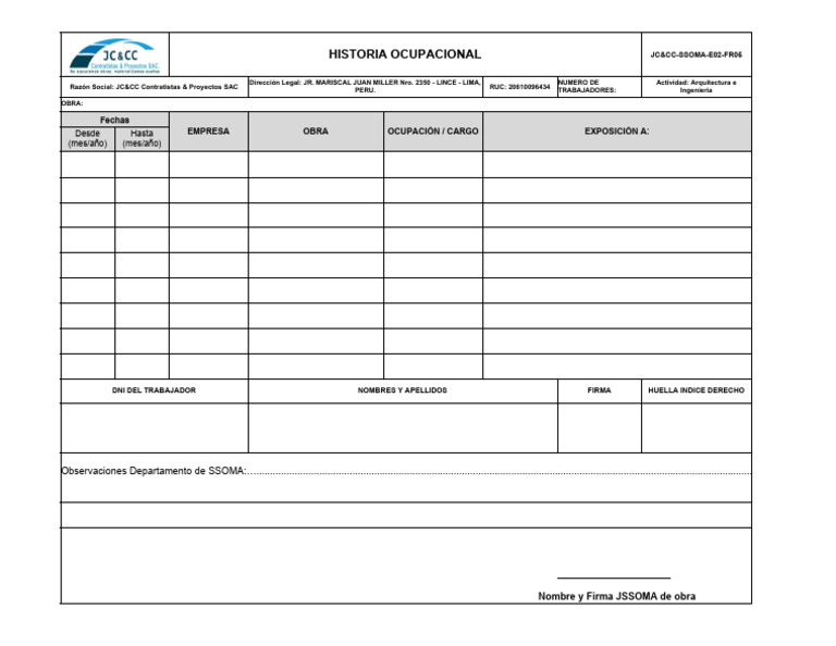JC&CC-SSOMA-E02-FR05 Historia Ocupacional | PDF | Finanzas y dinero