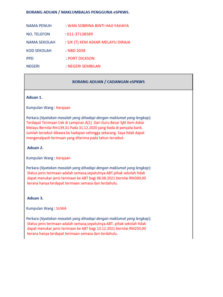 BORANG ADUAN Espkws | PDF