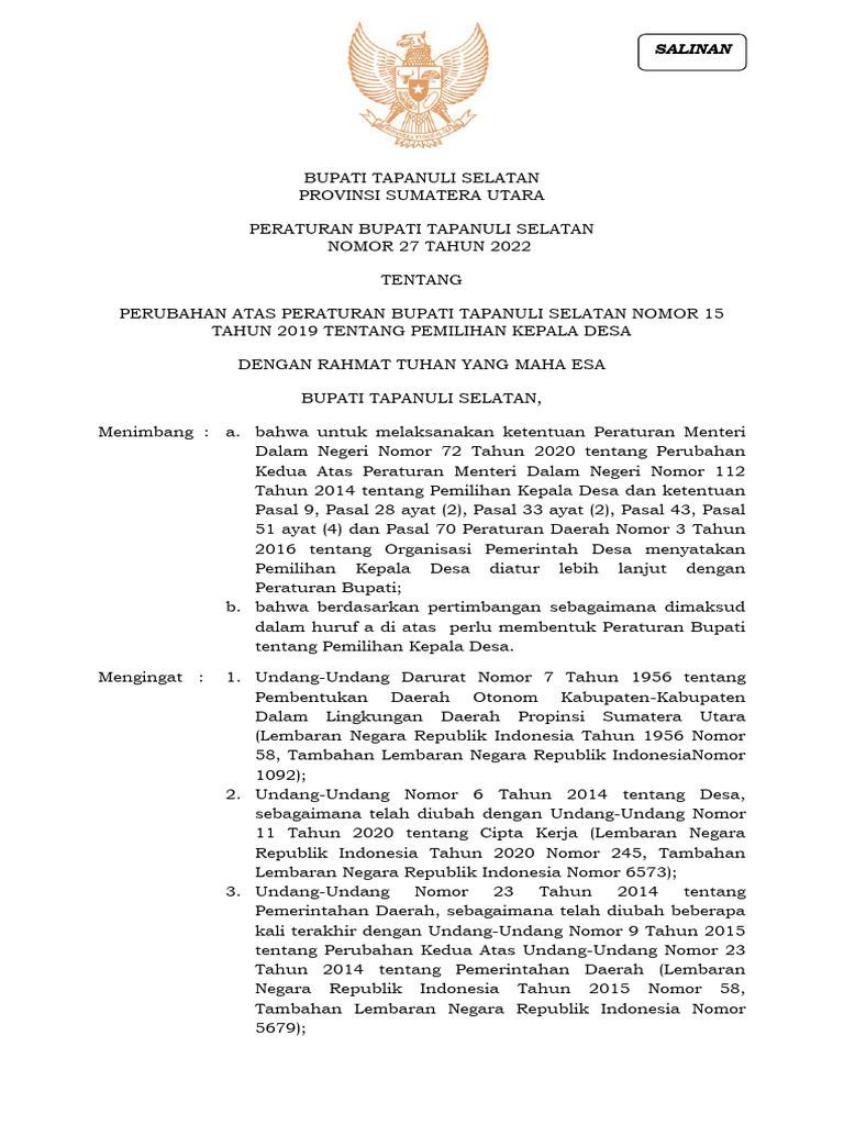Perubahan Perbub No. 15 Tahun 2019 Tentang Pemilihan Kepala Desa | PDF