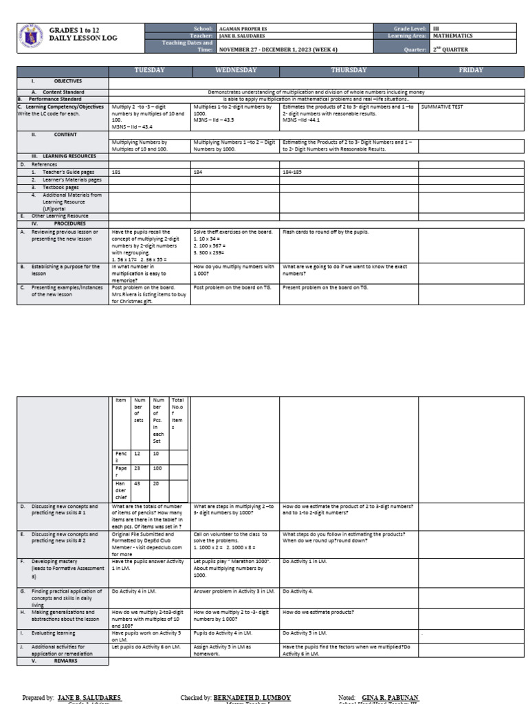 DLL - Mathematics 3 - Q2 - W4 | PDF | Multiplication | Learning