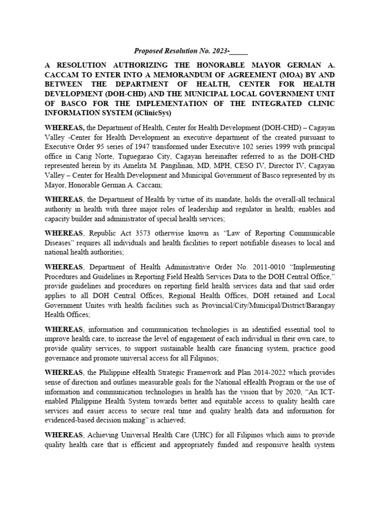 Basco's iClinicSys MOA Resolution | PDF | Health Informatics | Health Care