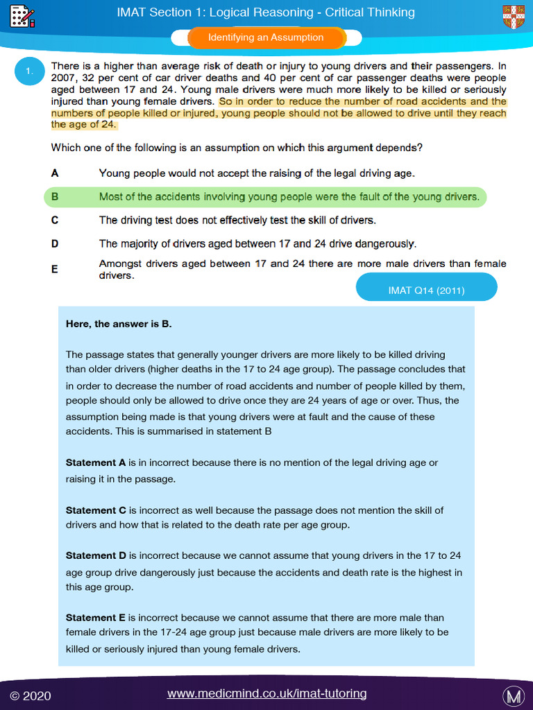 1.4 Assumptions (IMAT Questions + Explanations) | PDF | Logic ...