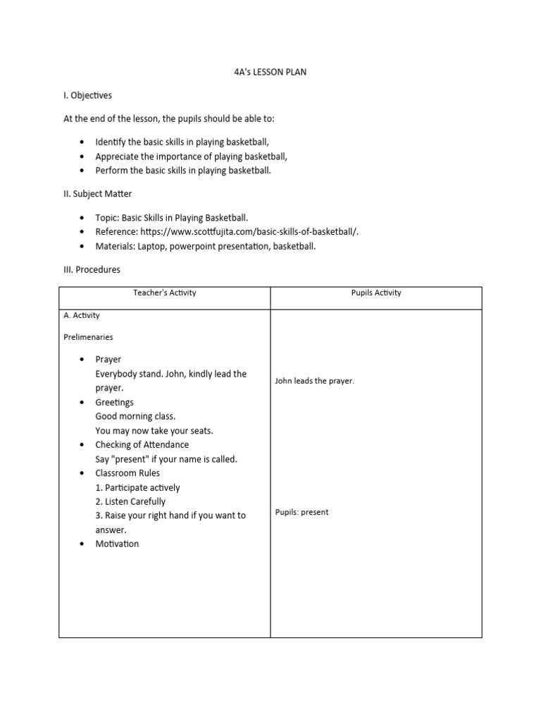 4a's LESSON PLA-WPS Office | PDF | Teachers | Pedagogy