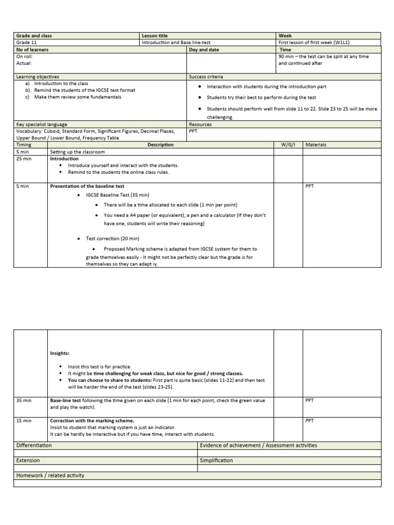 G11W1L1 - Lesson Plan - Introduction and Baseline Test | PDF | Pedagogy ...