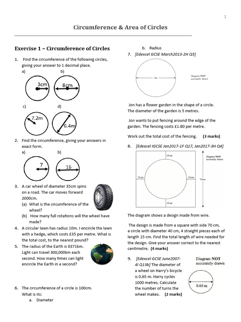 G11W8L1 - Worksheet 1 - Extra Problems Circles - No Answer | PDF | Area ...