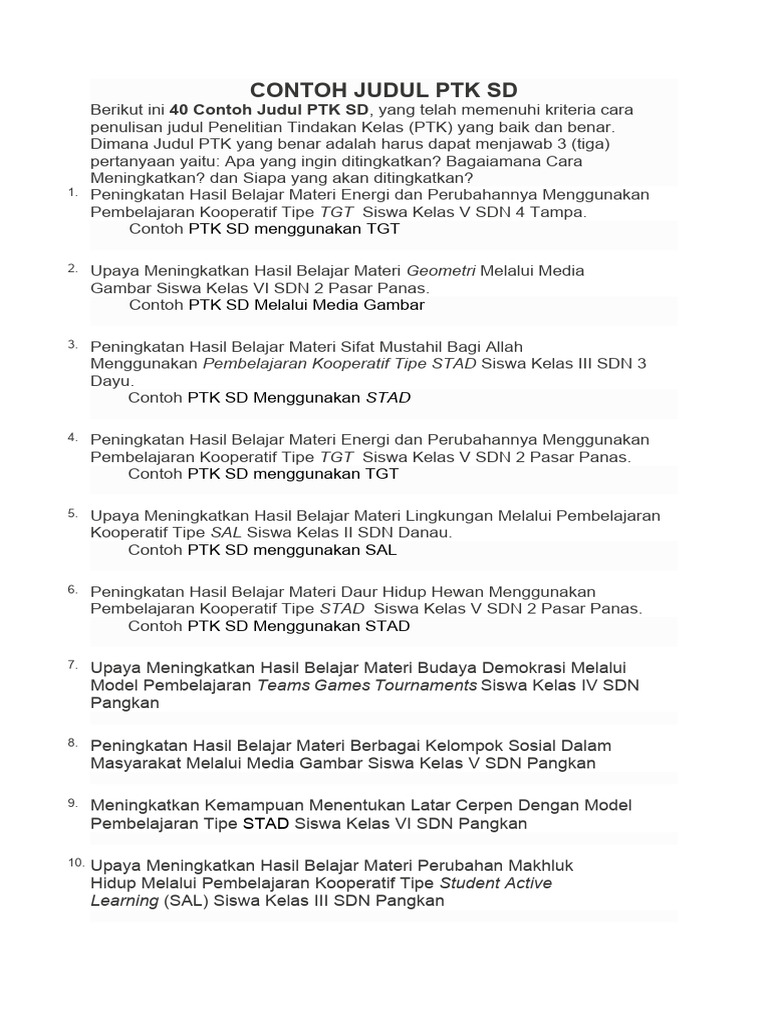 Contoh Judul PTK untuk SD | PDF | Ilmu Sosial