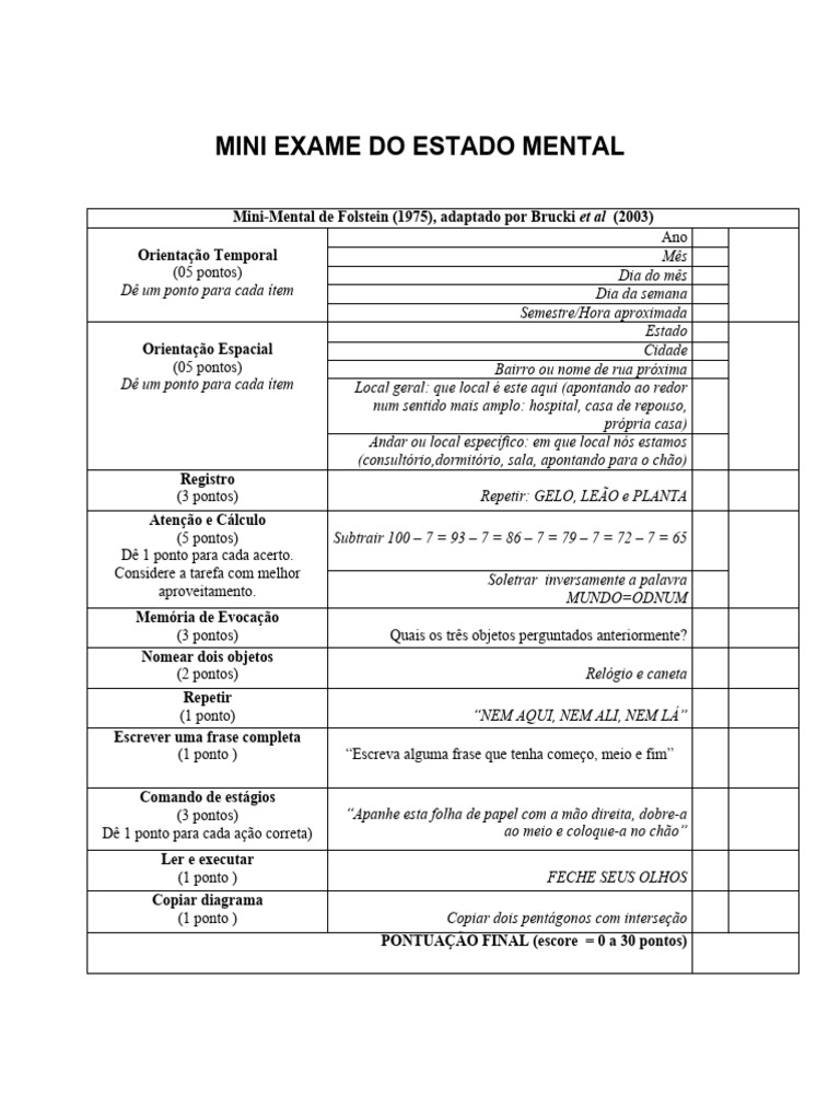 Mini Exame Do Estado Mental | PDF