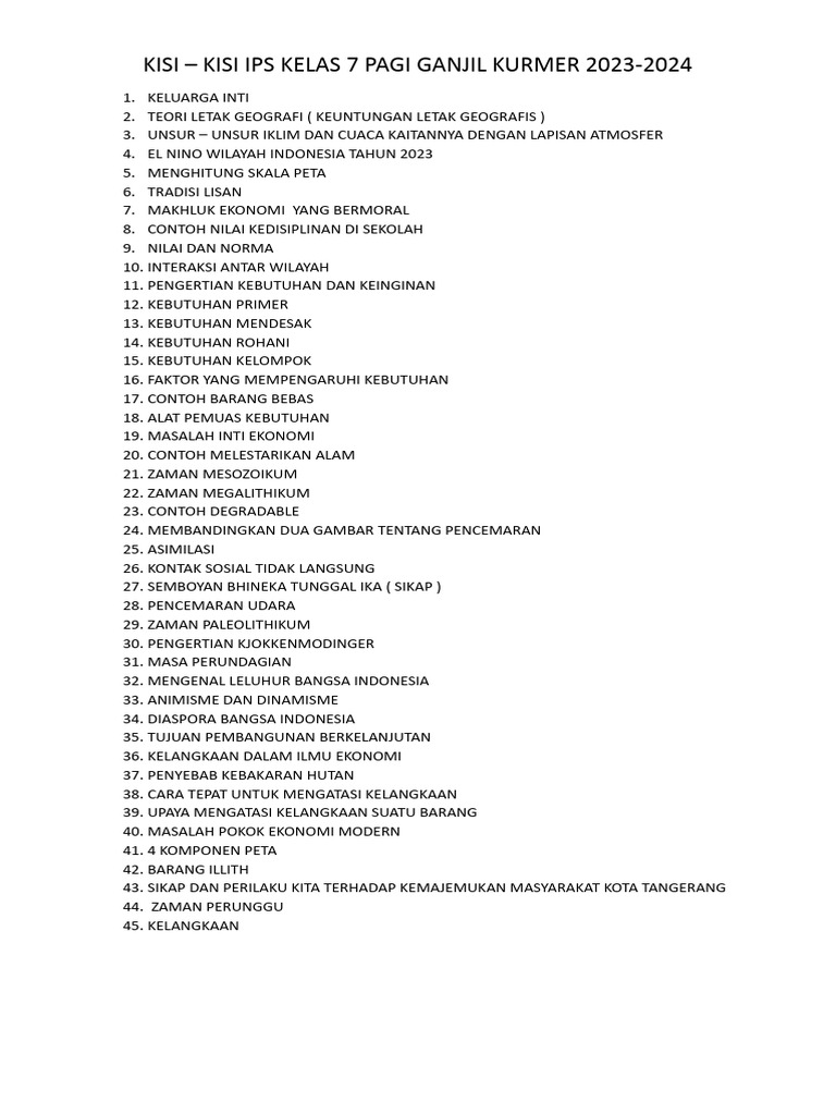 Kisi-Kisi 7 Pagi Ganjil Kurmer 2023-2024 | PDF | Sains & Matematika