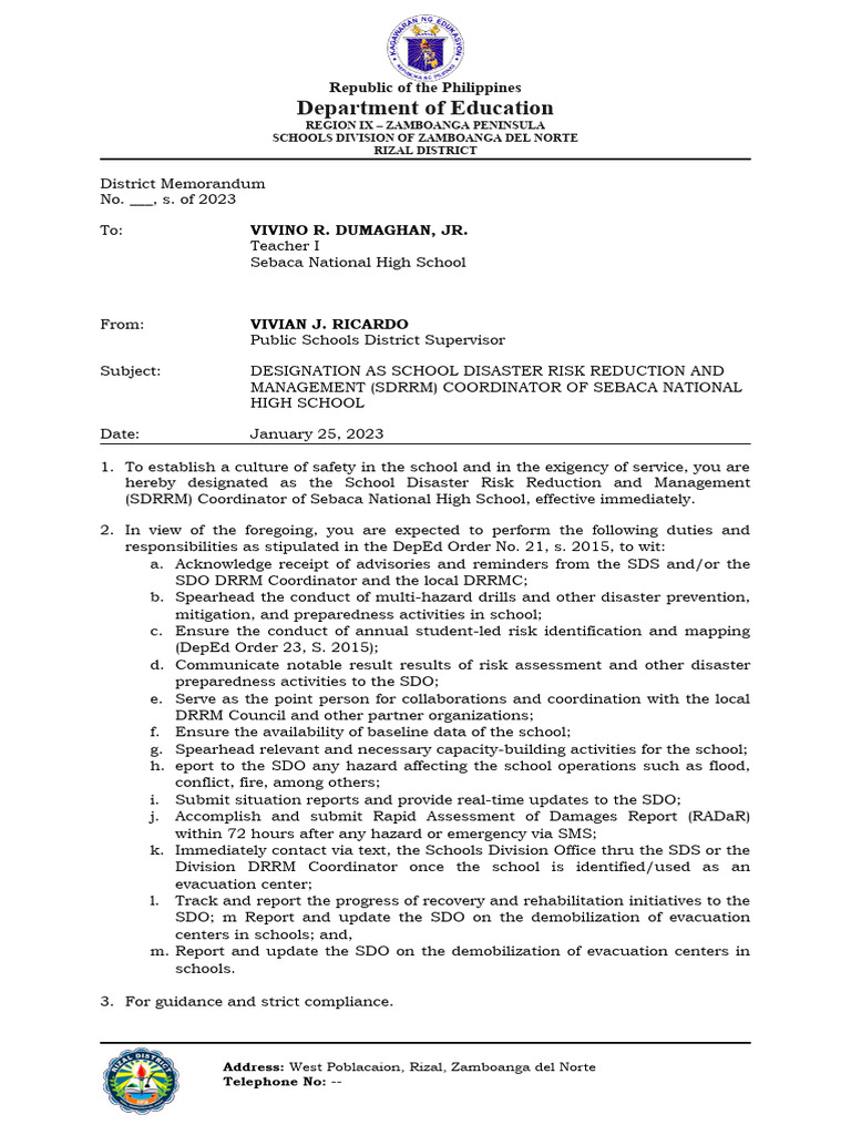 Designation SDRRM | PDF | Emergency Management | Public Safety