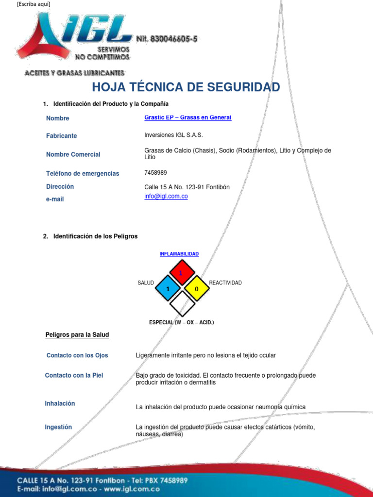 HOJA DE SEGURIDAD - PRODUCTOS IGL (Grasa) | Descargar gratis PDF | Agua | Toxicidad