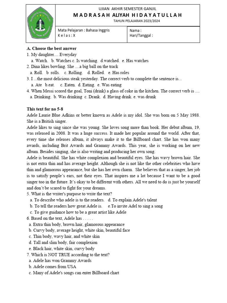 Uas 1 English X 2023 | PDF | Lionel Messi | Adele