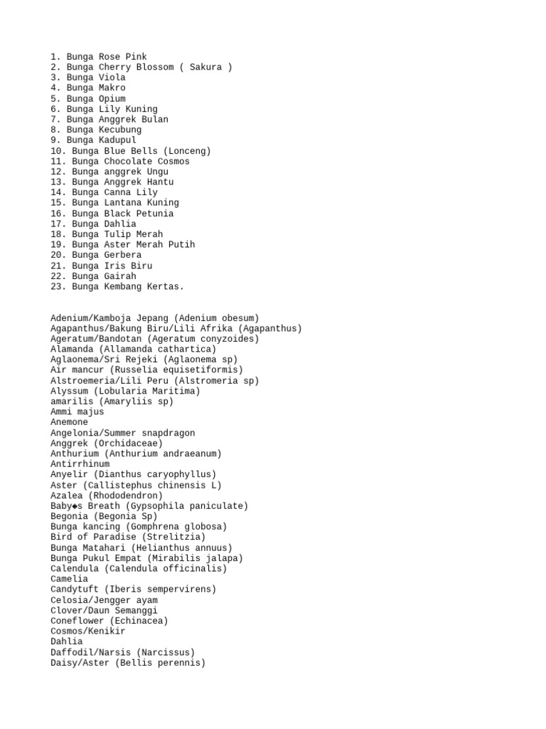 Nama Nama Bunga Buat Posting | PDF