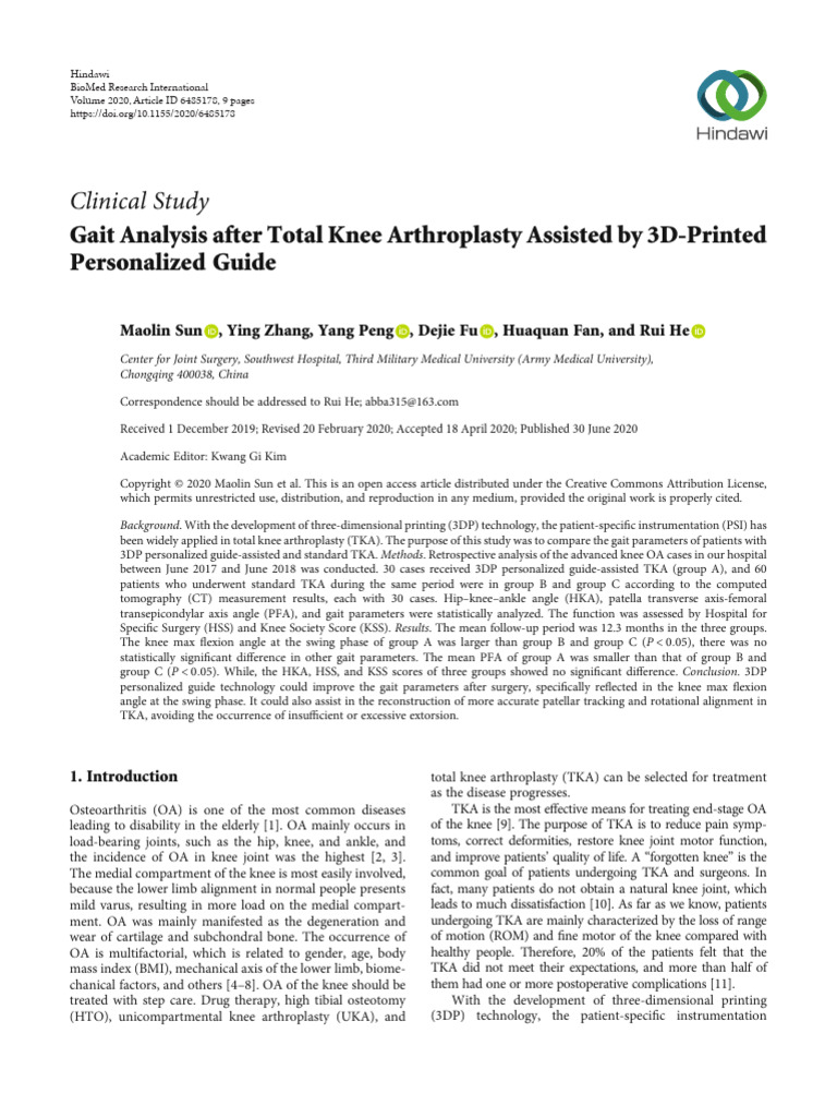 Clinical Study Gait Analysis After Total Knee Arthroplasty Assisted by ...
