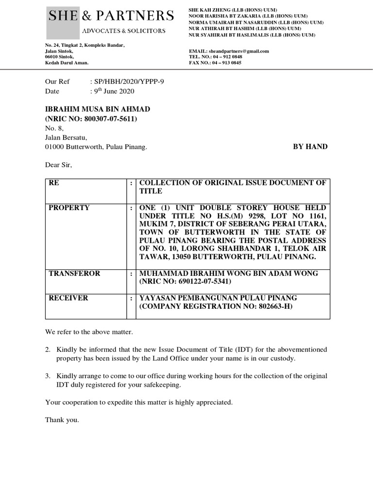 Letter To Receiver To Collect IDT SAMPLE | PDF