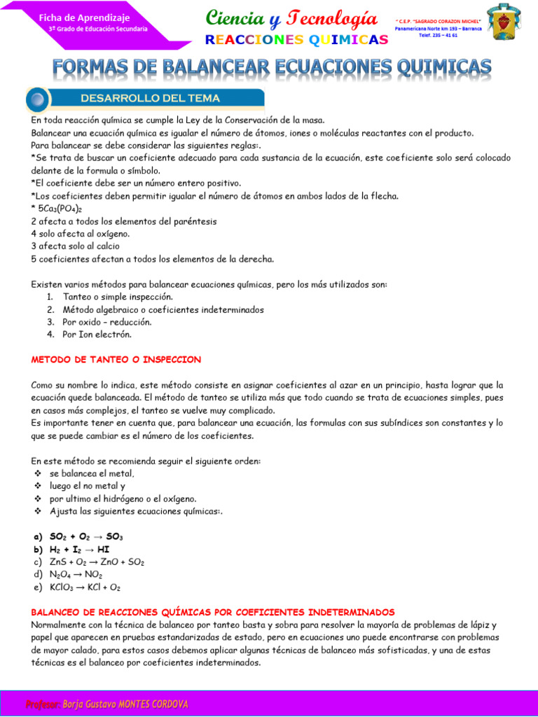 Guia de Aprendizaje - Balance de Ecuaciones Quimicas | Descargar gratis ...