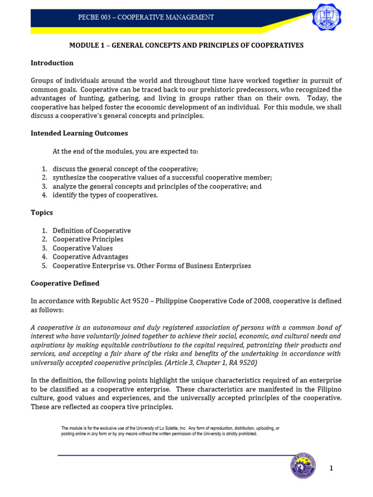 Module 1 - General Concepts and Principles of Cooperative | PDF | Partnership | Corporations