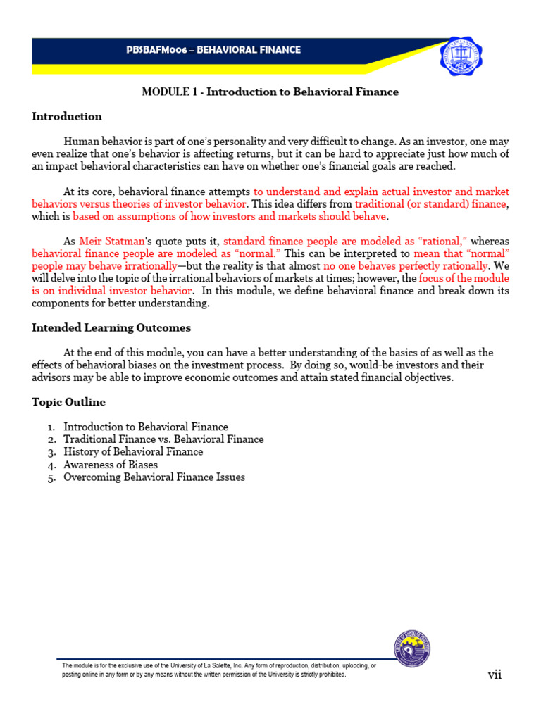 Introduction to Behavioral Finance | PDF | Behavioral Economics | Heuristic