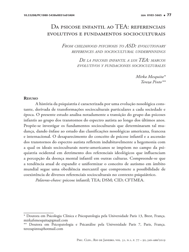 Transição da Psicose Infantil ao TEA | PDF | Espectro do autismo ...