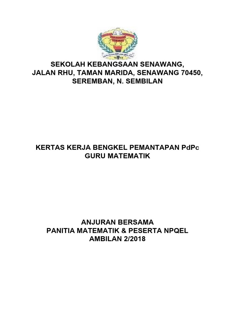 Kertas Kerja Bengkel PDPC Guru Matematik SK Senawang | PDF