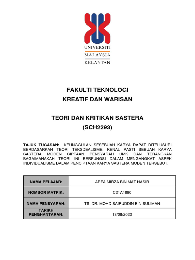 Arfa Mirza Bin Mat Nasir (C21a1690) Assigment Individu Teori & Kritikan ...