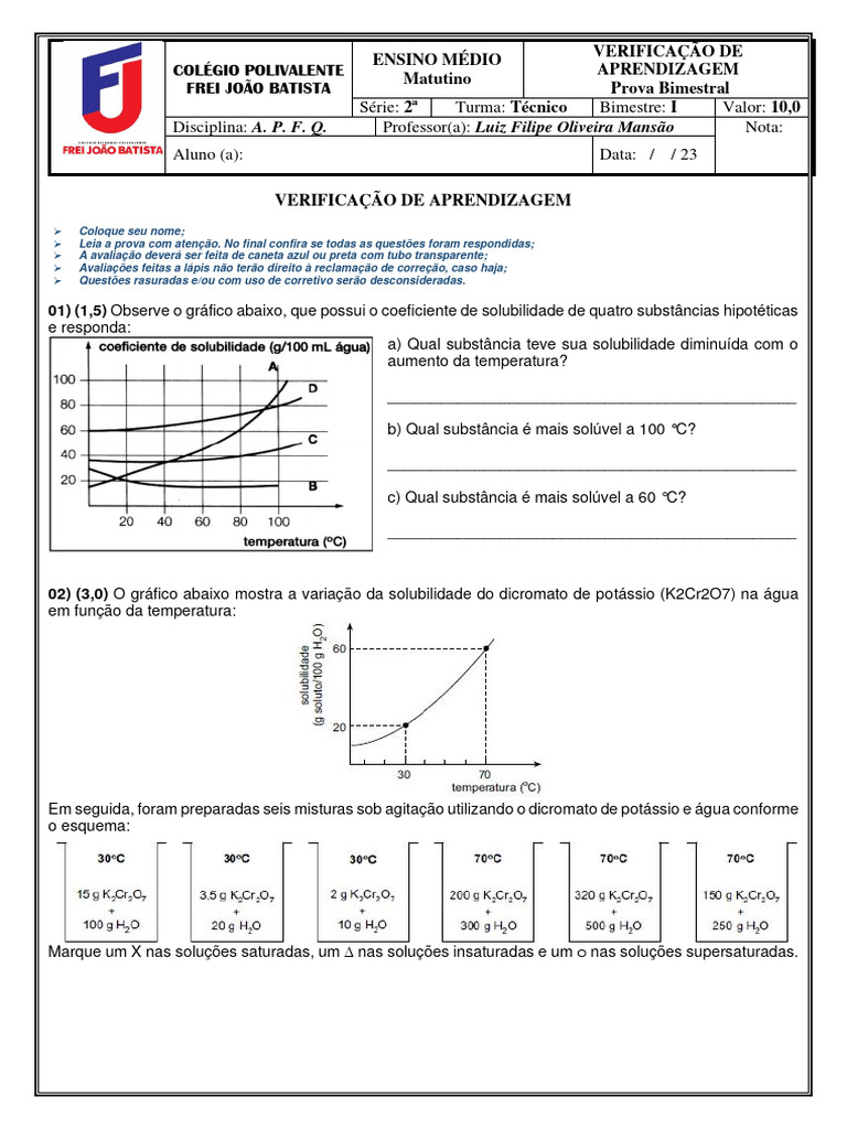 Prova - 1 Bimestre - Apfq | PDF | Solubilidade | Misturas químicas ...