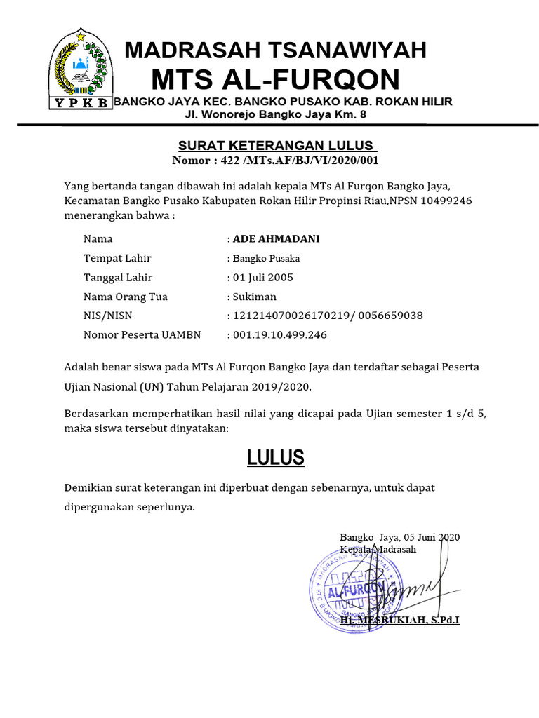 Surat Keterangan Kelulusan | PDF Surat Keterangan Kelulusan | PDF