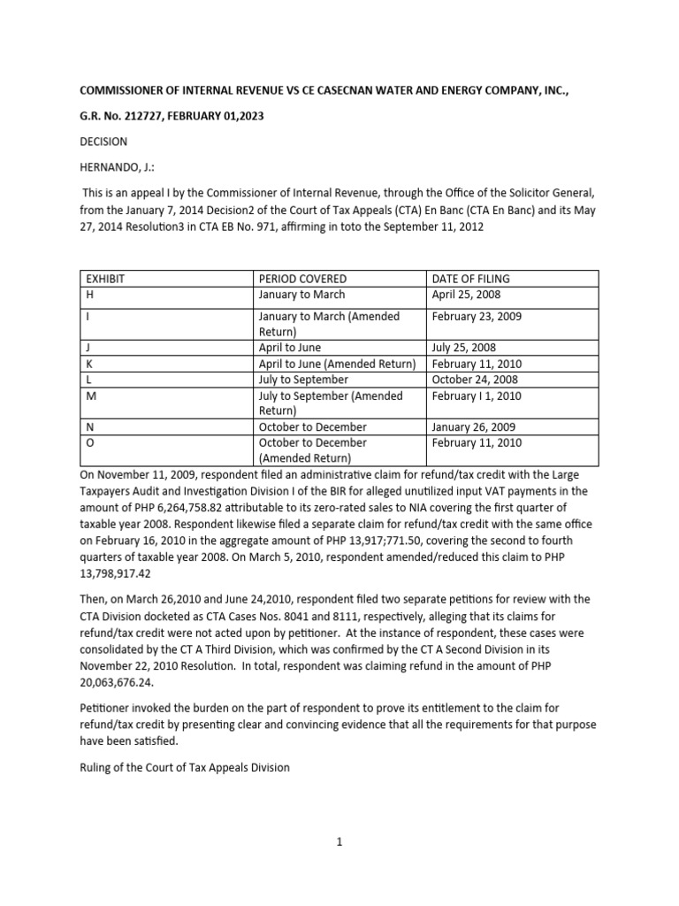 COMMISSIONER OF INTERNAL REVENUE VS CE CASECNAN WATER AND ENERGY ...