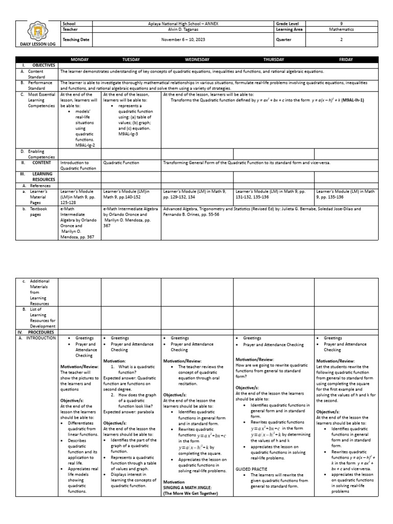 Q2 Week 1 | PDF | Quadratic Equation | Function (Mathematics)