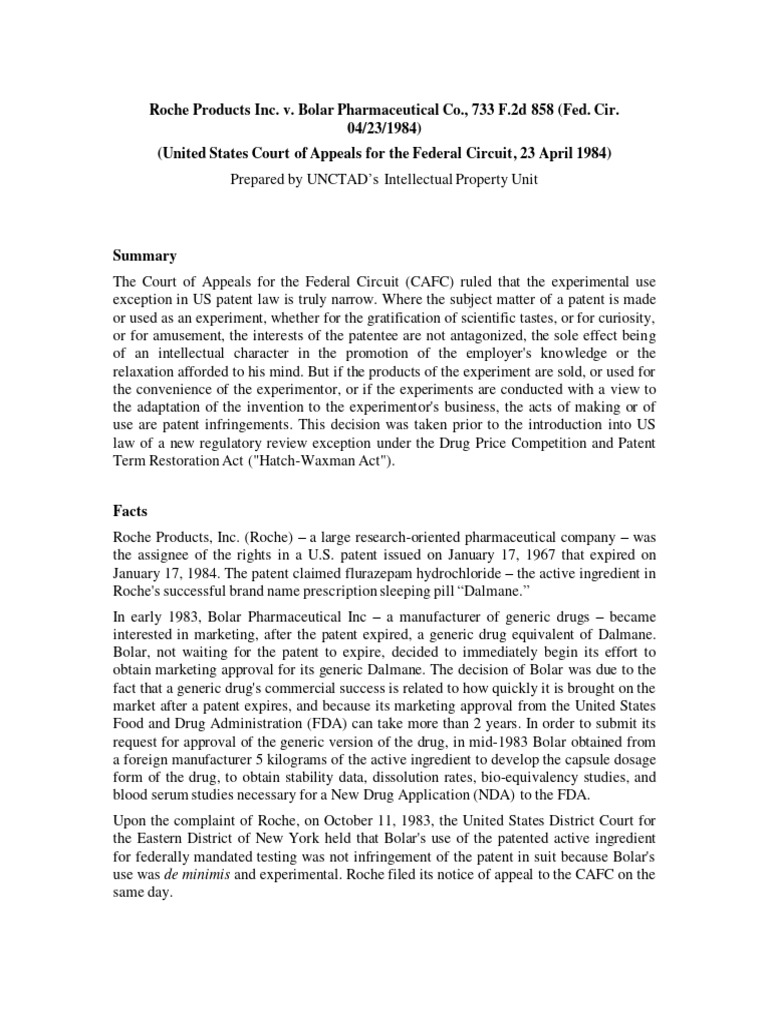 Roche v. Bolar Pharmaceutical | Download Free PDF | Generic Drug | Food ...