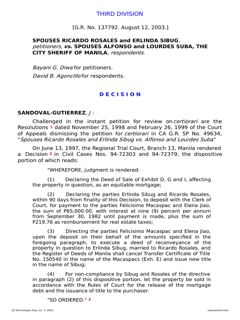 Judicial Foreclosure Case: Rosales vs. Suba | PDF | Mortgage Law | Foreclosure