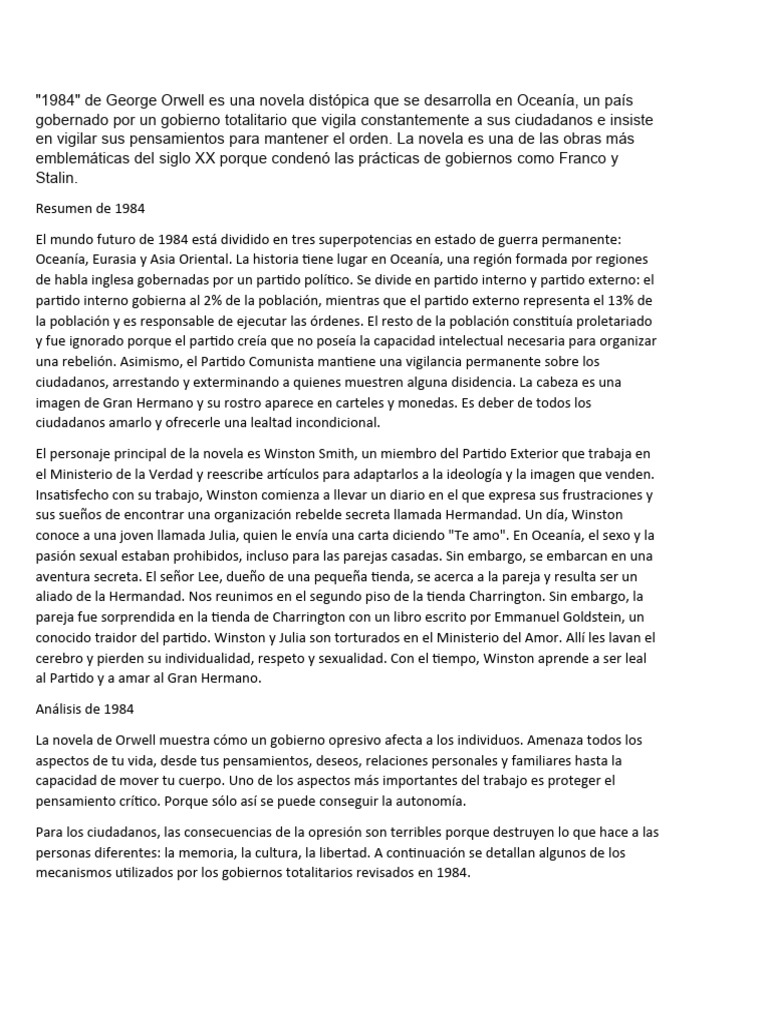 Analisis de Lectura 1984 de George Orwell | PDF