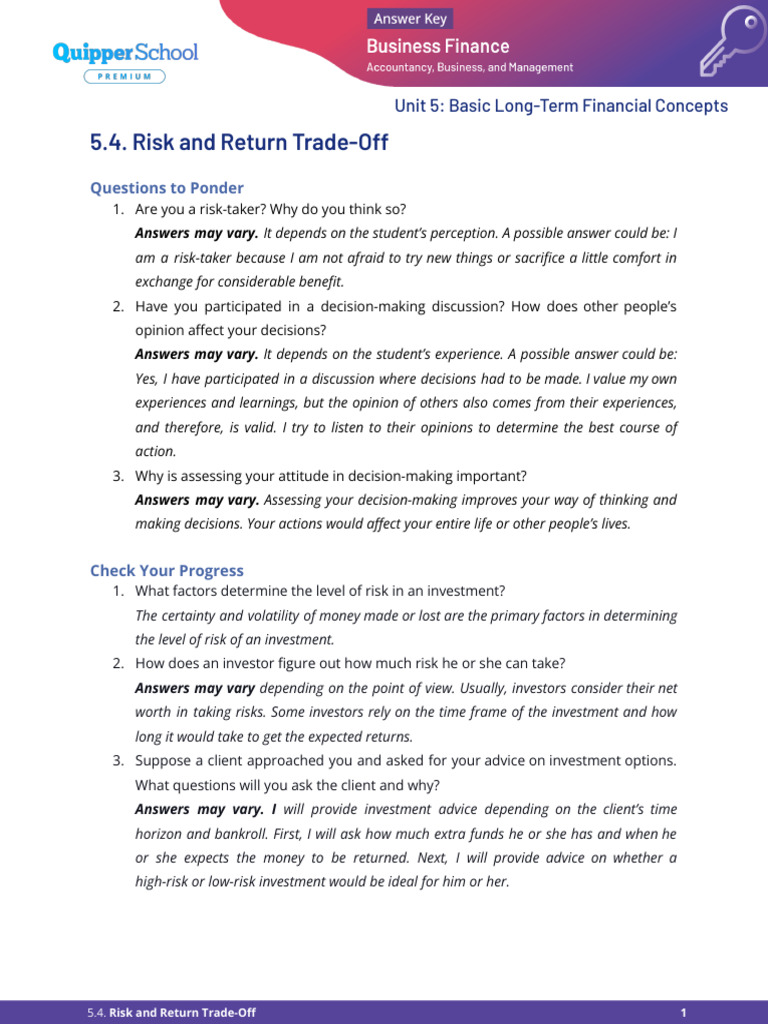 5.4. Risk and Return Trade-Off: Unit 5: Basic Long-Term Financial ...