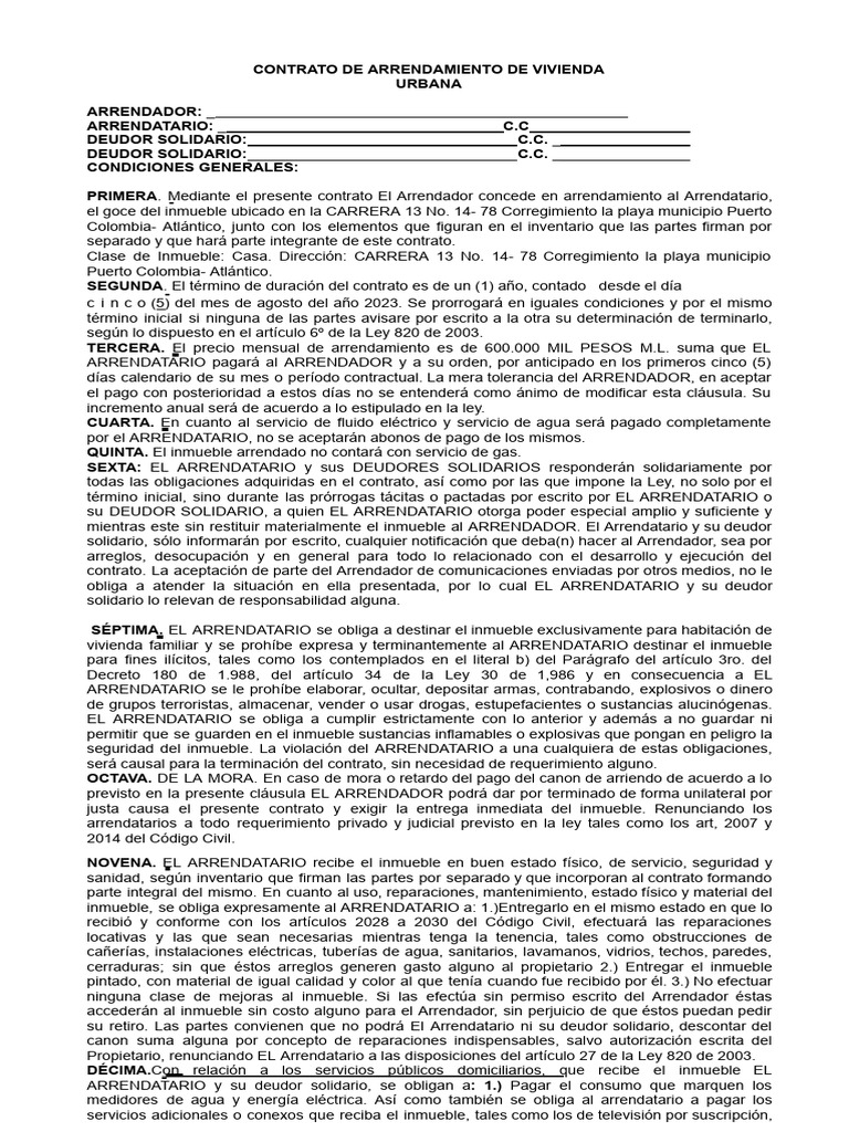 Contrato de Arriendo Casa | PDF | Pagos | Daños y perjuicios