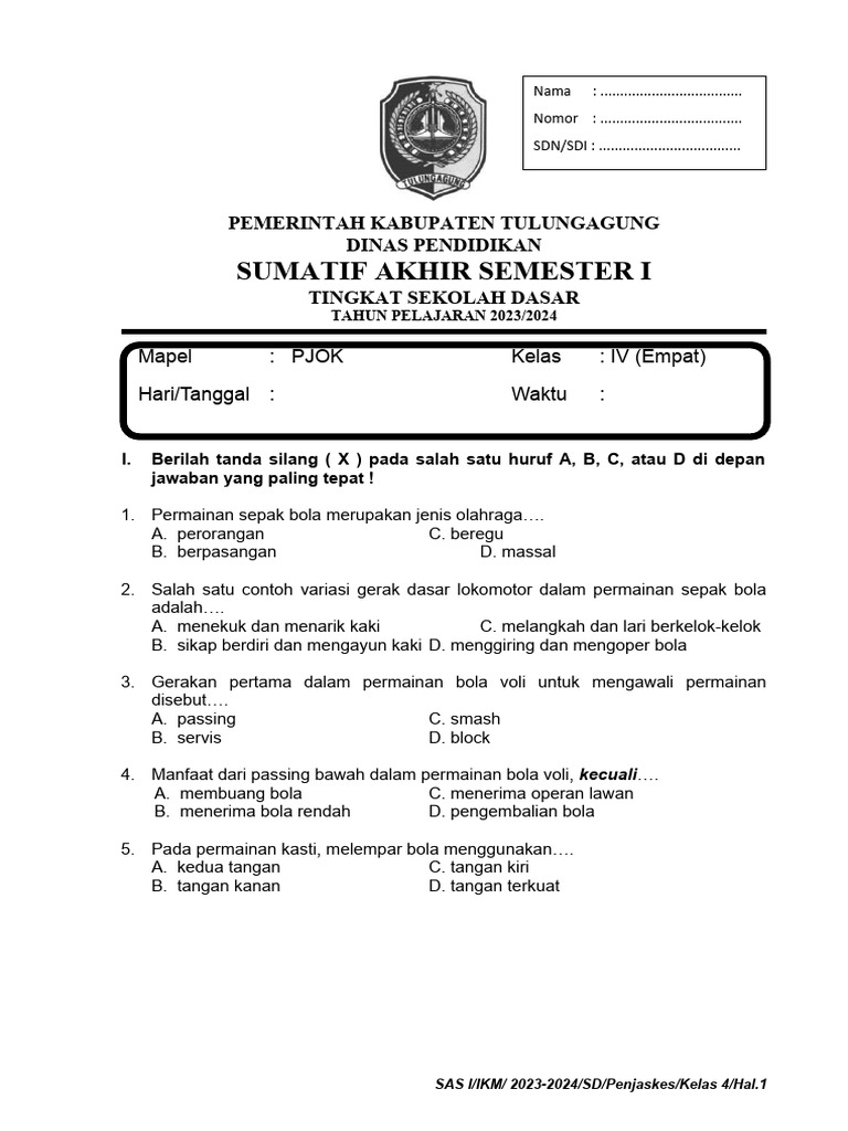 KELAS 4 SOAL MAPEL PJOK SAS 1 TH 2023-2024 | PDF | Olahraga & Rekreasi
