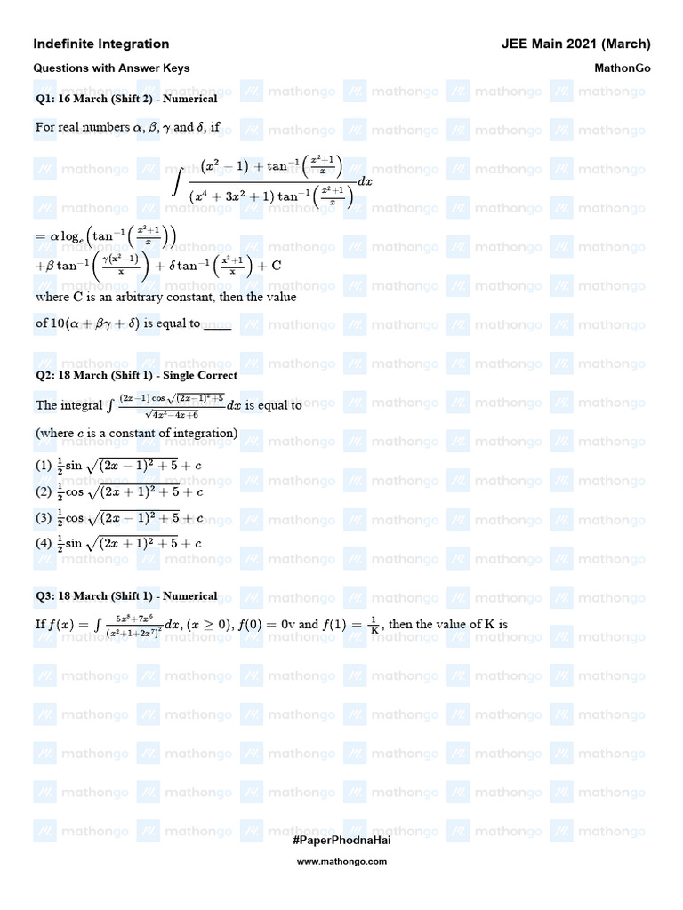 JEE Main 2021 Indefinite Integration Questions | PDF | Mathematical Analysis | Mathematics