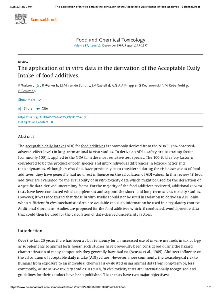 The Application of in Vitro Data in The Derivation of The Acceptable ...