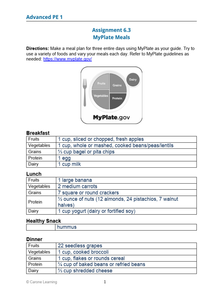 MyPlate Meal Assignment | PDF | Meal | Fruit