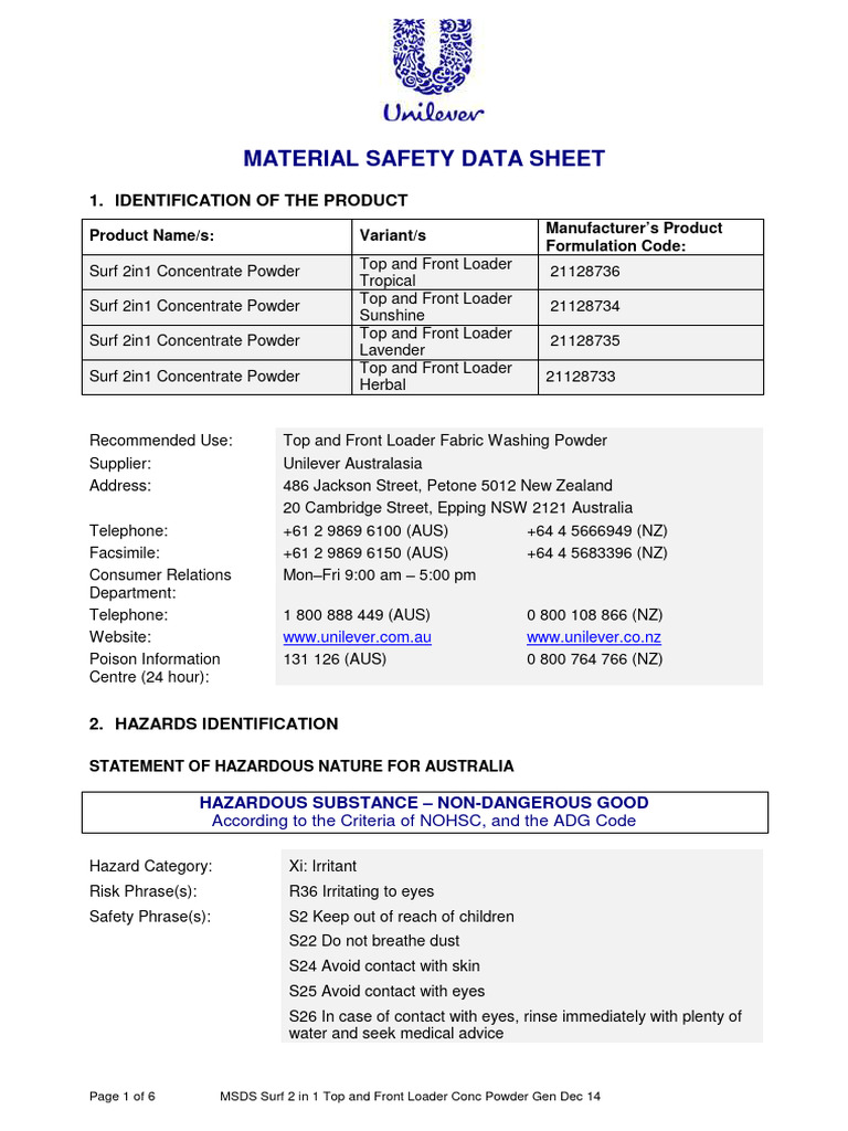 Surf 2 in 1 Top and Front Loader Conc Powder SDS | PDF | Chemical ...