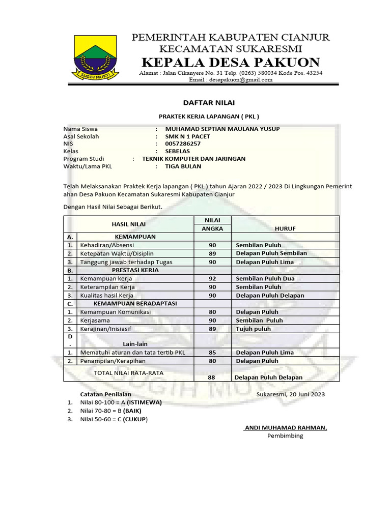Daftar Nilai PKL | PDF