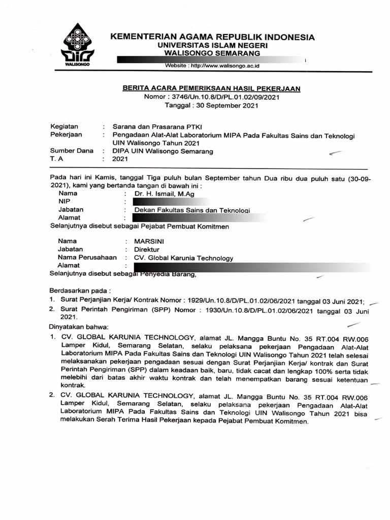 BA Pemeriksaan Hasil Pekerjaan LAB MIPA FST 2021 | PDF